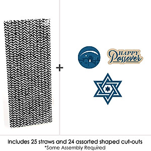 Happy Passover - Paper Straw Decor - Pesach Jewish Holiday Party Striped Decorative Straws - Set of 24