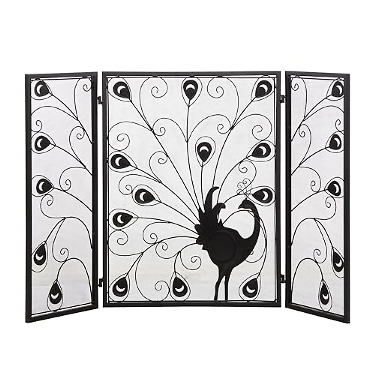 Deco 79 Metal Peacock Fireplace Screen Rainbow 3 Panel with Crystal Accents and Black Frame, 48" x 1" x 32", Blue