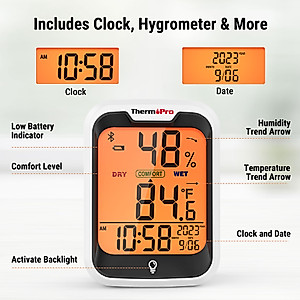 ThermoPro TP358 Bluetooth Thermometer for Room Temperature with Built-in Clock, Smart Temperature Sensor and Humidity Meter with Backlit, 260Ft Hygrometer Indoor Thermometer with Data Storage Export