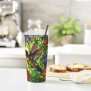 20 Oz Tumbler with Lid and Straw, Stained Glass Hummingbird Art Insulated Tumbler Stainless Steel Cups, Personalized Coffee Tumbler Travel Mug Water Bottle