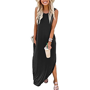 ANRABESS Women Casual Loose Sundress Sleeveless Split Maxi Long Beach Shirt Dress Travel Vacation 2025 Summer Outfits Black Medium