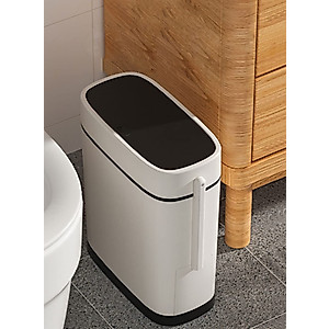 WOA WOA 3.7 Gallons Bathroom Trash Can with Toilet Brush Holder | 14 Liter White Plastic Garbage Can with Black Locking Press Top Lid | Dogproof Slim Rectangular Trash Bin for Toilet