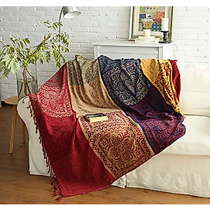 Ujoyen Bohemian Throw Blankets Colorful Chenille Jacquard Tassels Boho Hippie Decorative for Bed Couch Sofa Soft Chair Recliner Loveseat Furniture Cover Red Blue -M