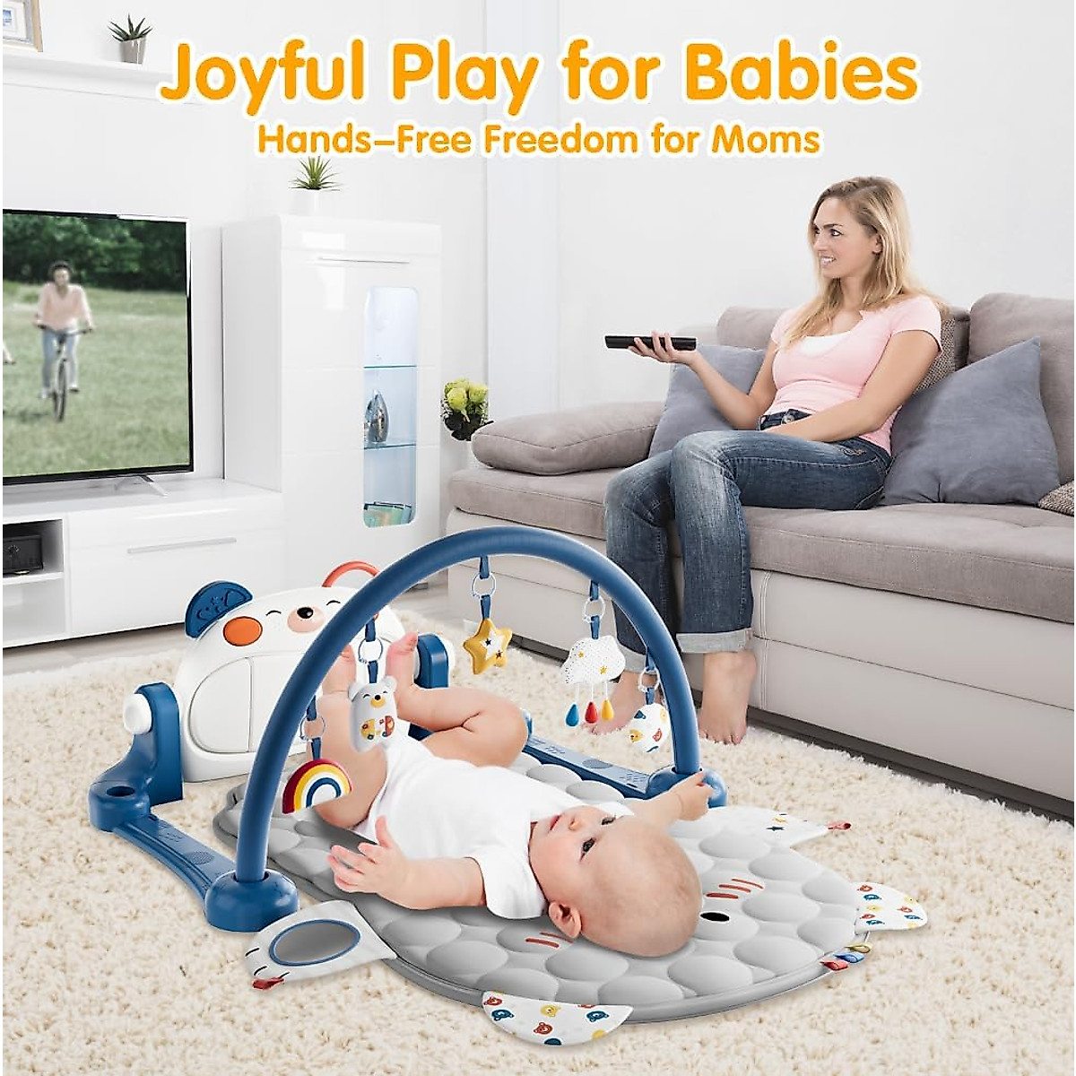 Lauon Baby Play Gym Mat, Bear Shaped 500,000 Tolerance Kick and Double Side Piano Thicken Activity Mat w 5 Detachable Toys, Tummy Time Mat Promote Motor Skills & Sensory Development Mat for Newborn