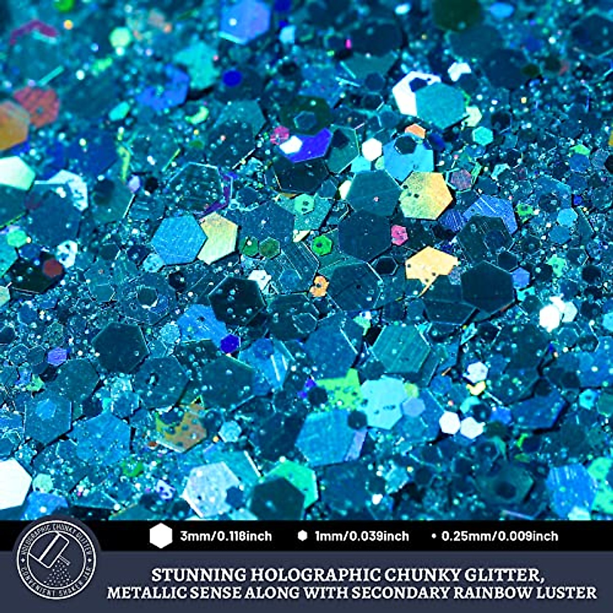 Holographic Chunky Glitter, 160G/5.64OZ Craft Glitter for Resin, Metallic Iridescent Chunky Fine Glitter Sequin Flake Bulk, Nail Glitter for Makeup Body Face Eye, Tumblers, LEOBRO Ocean Blue Glitter