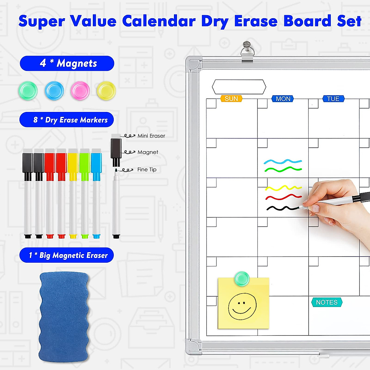 Dry Erase Calendar Whiteboard for Wall, 36" x 24" Magnetic Monthly WhiteBoard Calendar Dry Erase, Wall Hanging Aluminum Frame Calendar Board with Tray for Home, School, Office (Silver Frame)