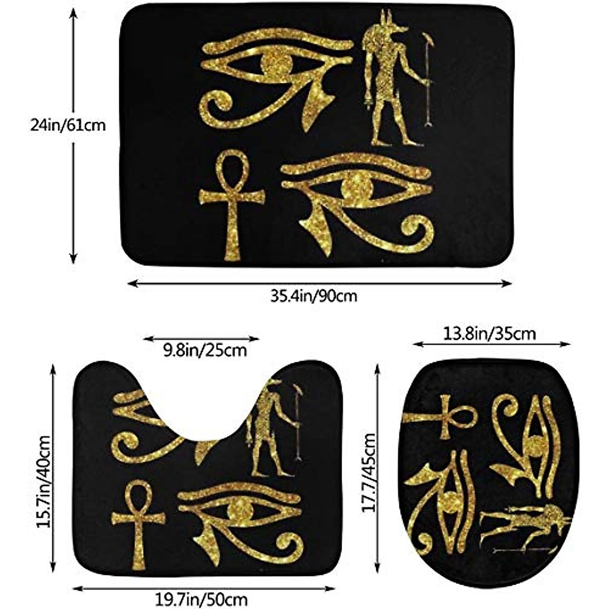 Ancient Egyptian Ankh Gold Bathroom Antiskid Pad Set 3 Piece Bath Mat,Water Absorption Contour,Toilet Lid Cover