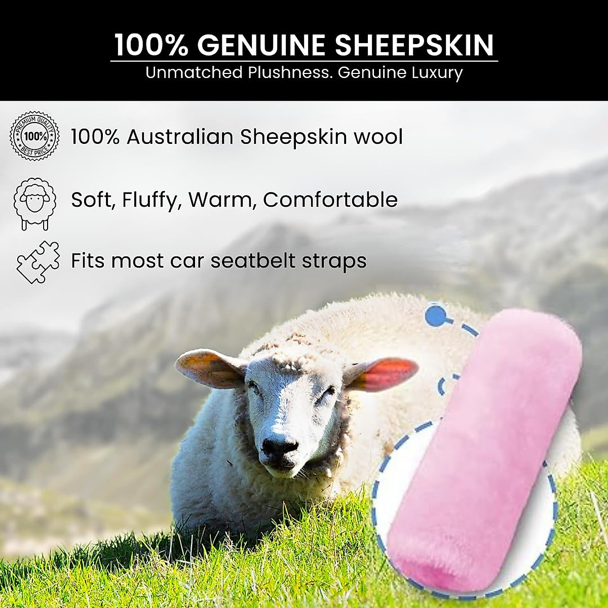 Andalus Australian Merino Sheepskin Seat Belt Covers - 100% Authentic, Ultra-Soft, Hypoallergenic, Neck Protection Pads for Cars & Backpacks (Pack of 2, Pink)