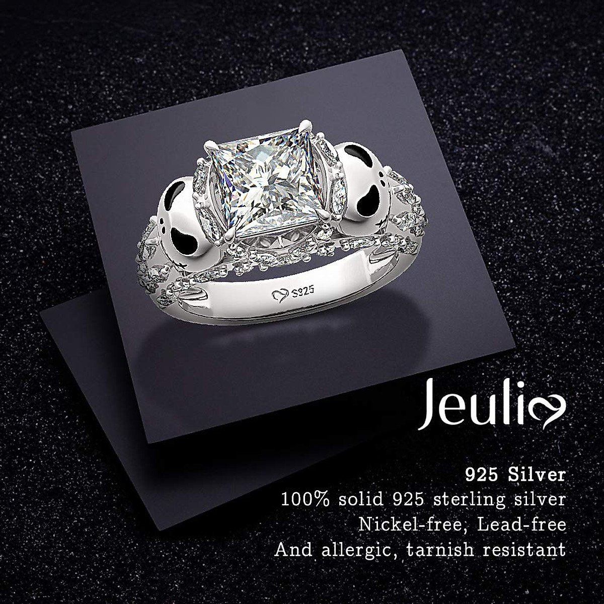 Jeulia Jack Skellington Rings Women Nightmare Before Christmas Skull Rings 925 Sterling Silver Princess Cut Band Ring Anniversary Promise Romantic for Her Teen Girls(7)