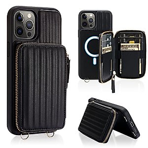 JLFCH for iPhone 12 Pro Max Wallet Case with Crossbody Chain Wrist Strap Card Holder Zipper Purse Compatible with Apple iPhone 12 Pro Max 6.7 inch - Black