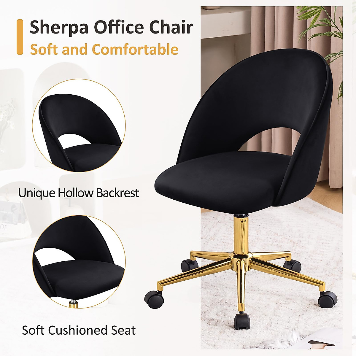 Furniliving Velvet Home Office Chair, Height Adjustable Swivel Vanity Chair with Wheels, Upholstered Desk Task Makeup Chair Computer Chair with Gold Metal Base Stool Chairs (Black)