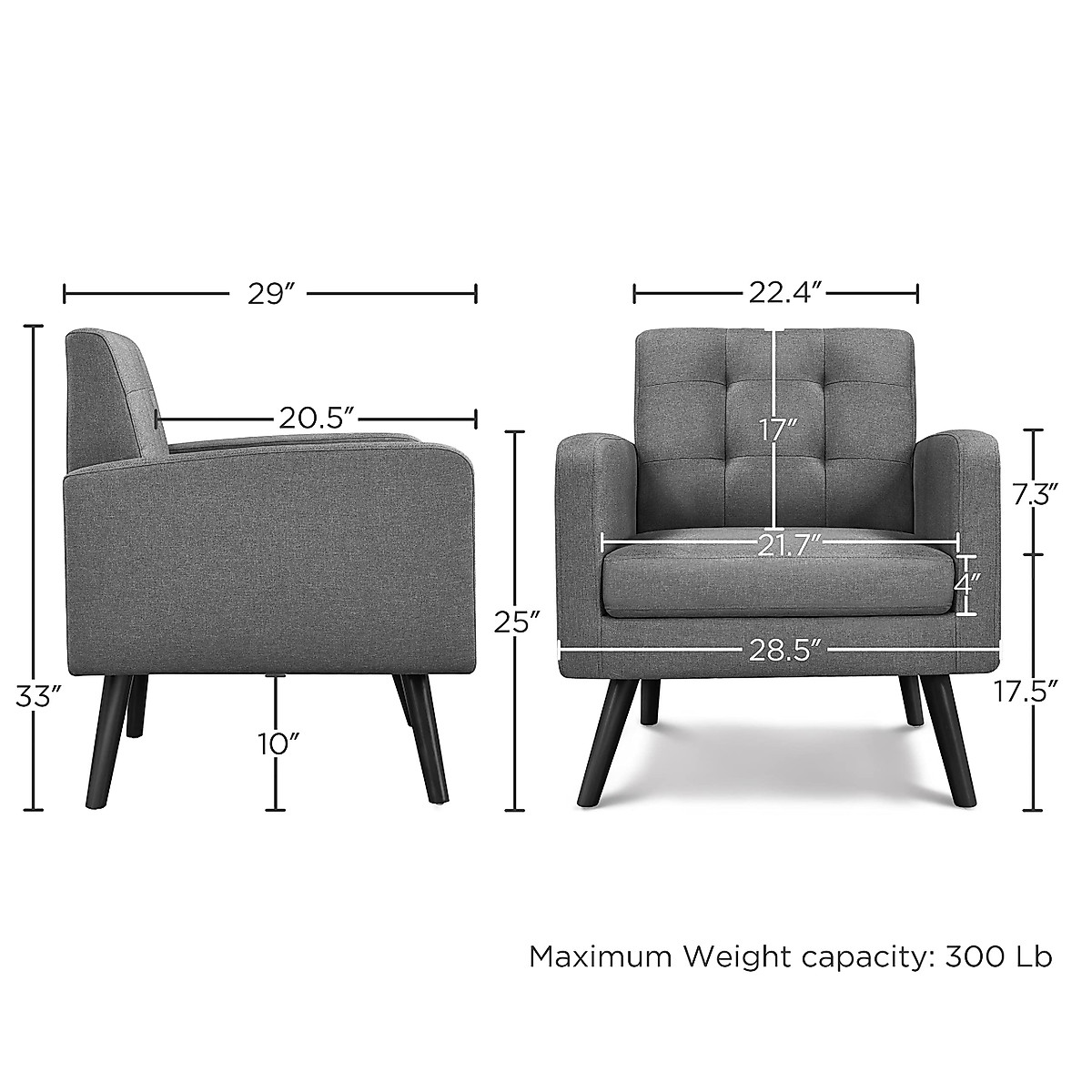 Yaheetech Modern Living Room Chair, Mid-Century Armchair Button Tufted Back and Wood Legs, Vintage Lounge Chair for Bedroom/Home Office/Study, Gray