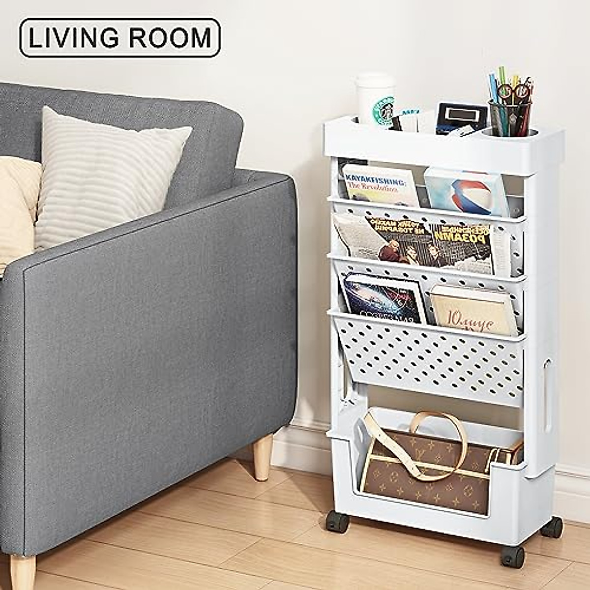 yeavs 5-Tier Mobile Bookshelf, Rolling Bookcase Book Storage Rack, Movable File Folder Organizer Cart with Wheels for Home Study Office Living Room Classroom, White