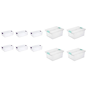 Sterilite 32 Quart/30 Liter ClearView Latch Box, Clear with Sweet Plum Latches, 6-Pack & Deep Clear Plastic Stackable Storage Container Bin Box Tote with Clear Latching Lid Organizing Solution, 4 Pack