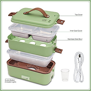 Electric Lunch Box Food Heater, 3 in 1 Portable Food Warmer for Office Home School,2 Layer Heated Lunch Box Leak Proof, Food Warmer with Removable 304 Stainless Steel Container 800ml (Green)