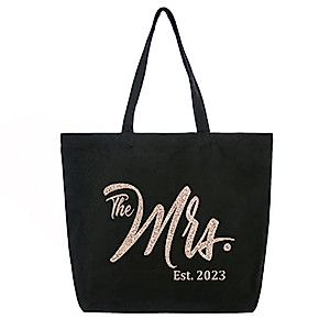 ELEGANTPARK Future The Mrs. EST. 2023 Personalized Bride Tote Wedding Bachelorette Bridal Shower Gifts Large Shoulder Bag Black with Champagne Glitter