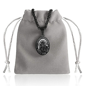 RS Black St Saint Joseph Medal Necklace for Men Boys Stainless Steel Pendant Chain Catholic Religious Baptism First Communion Confirmation Jewelry Gifts Teen Teenage Him Son