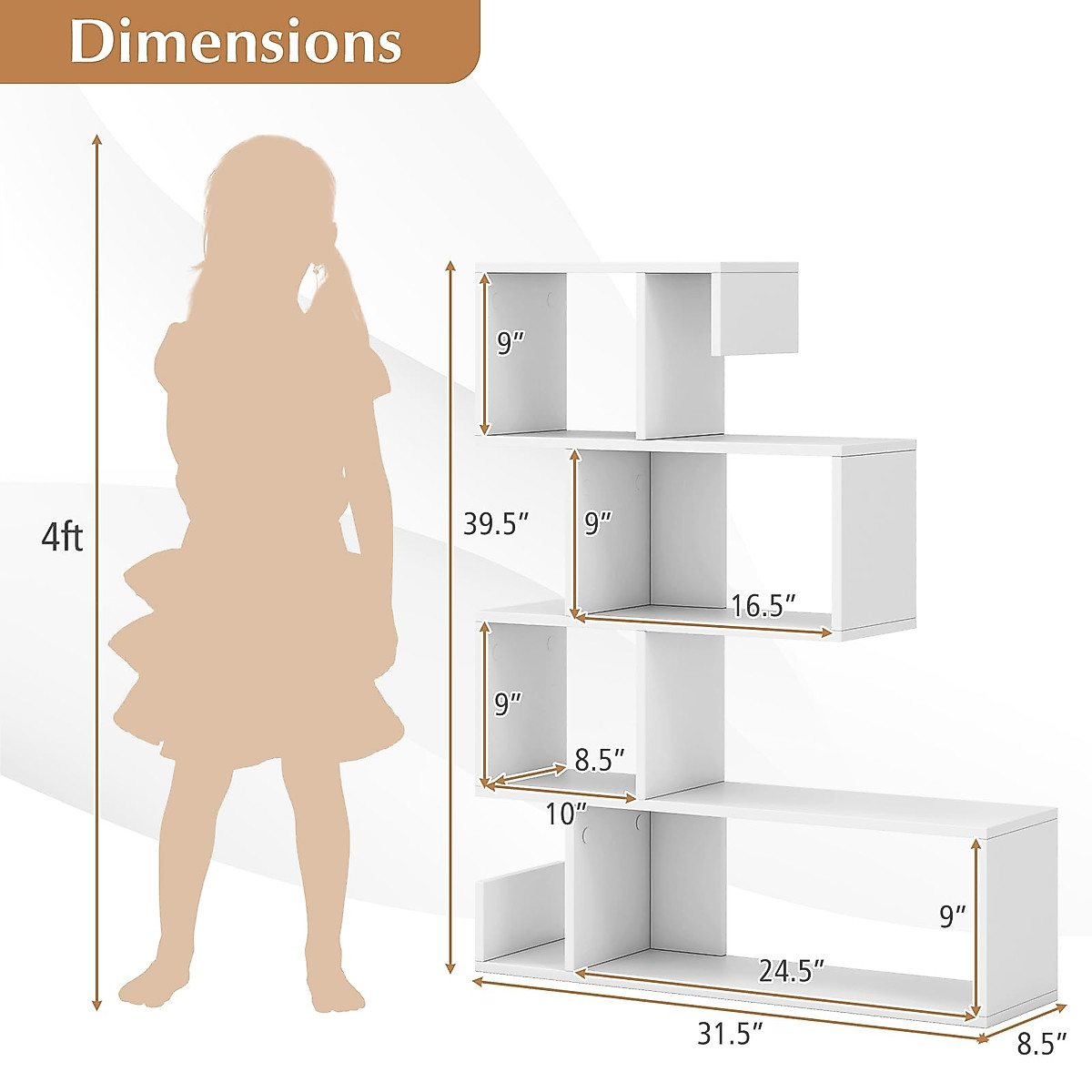 Tangkula S-Shaped Bookshelf, 5-Tier Modern Geometric Stepped Bookcase with Anti-Tipping Kits, Freestanding Corner Ladder Display Rack for Living Room Home Office (1, White)