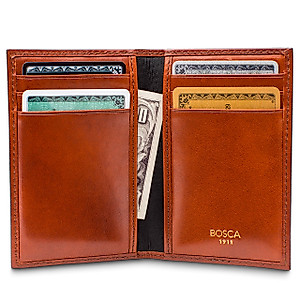 Bosca Men's Leather Card Holder Wallet – Italian Full Grain Vegetable Tanned Credit Card Case – 6 Card Slots, 2 Receipt Wells – Classic Glossy Finish – Gift-Ready Packaging - Amber Brown