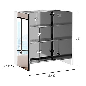 kleankin Bathroom Mirrored Cabinet, 24"x26" Stainless Steel Frame Medicine Cabinet, Wall-Mounted Storage Organizer with Double Doors, Silver