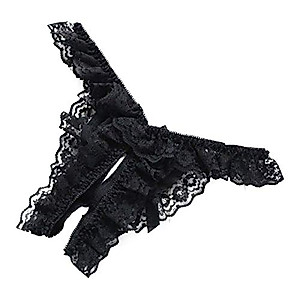 Toxz Sexy Lace Bow Thong G-String T-Back Panty Open Side Women Underwear,Floral Lace Satin Embroidered Crotchless,Black,Plunging Eyelash