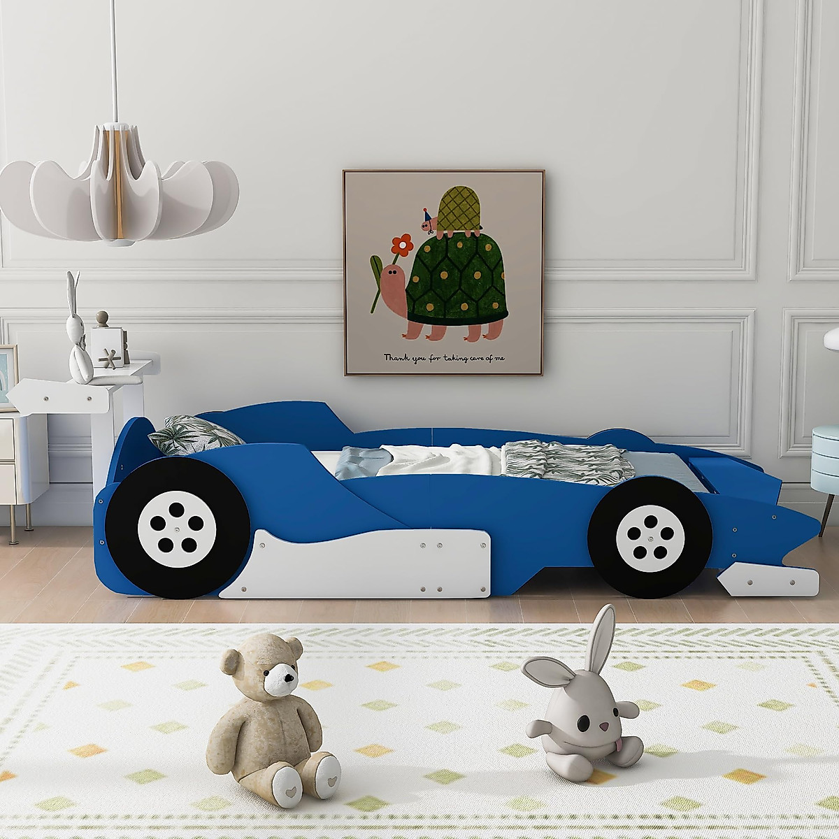 Bellemave Twin Size Race Car Bed for Kids,Wood Car-Shaped Platform Bed with Storage Shelves,Car Bed Twin with Wheels for Boys,Girls,(Twin,Blue)