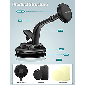 ACEFAST Magnetic Phone Car Mount, Universal Phone Car Holder Low Installation Height Built-in Four N52 Super Strong Magnets Large Sticky Base Suction Cup Dashboard Windshield Flexible Installation
