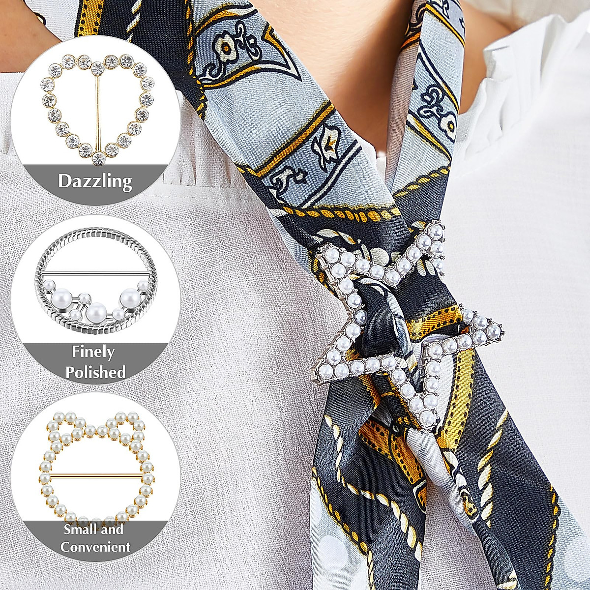 Juexica 18 Pcs T Shirt Clips Ties for Women Scarf Ring Clips Waist Round Metal Alloy Scarf Buckle with Rhinestone and Pearl(Classic)