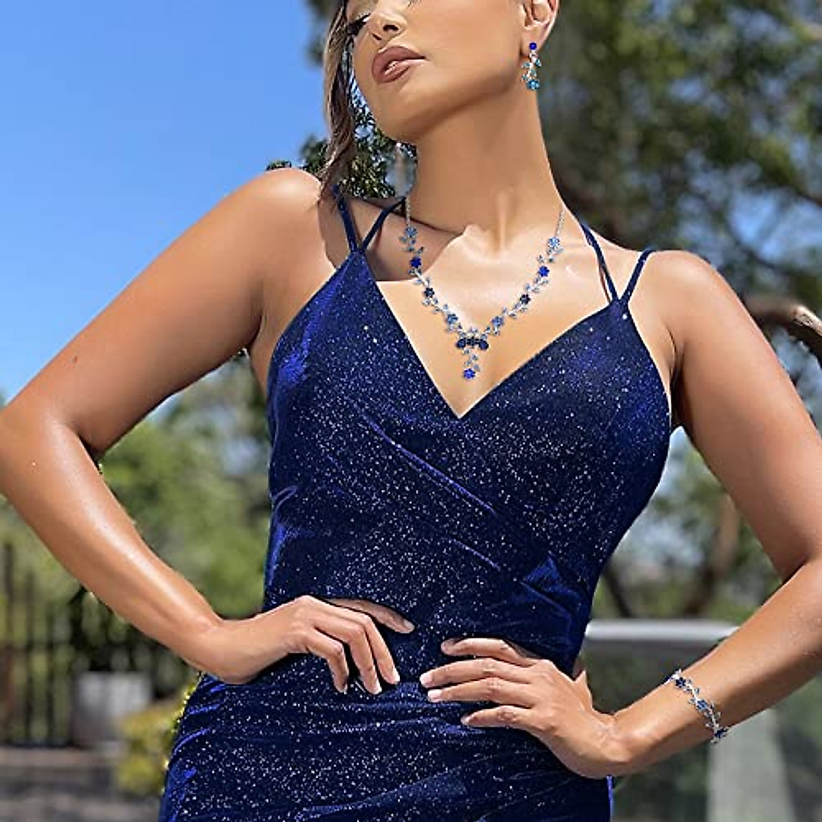 BriLove Women's Wedding Jewelry Set Leaf Cluster Flower Crystal Dangle Earrings Pendant Necklace Link Bracelet Set for Bridal Bride Blue Silver-Tone