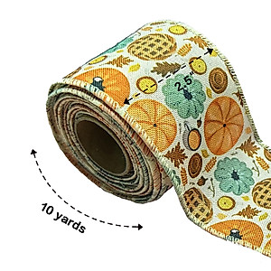 ACSENCETER Hello Autumn Wired Ribbon Thanksgiving Pumpkin Orange Pattern Gift Wrap DIY Holiday Craft Wrapping Craft Decorations Halloween Tree Toppers 2.5" x 10 Yards