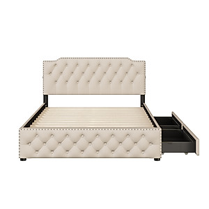 Prohon Queen Size Bed Frame w/ 2 Drawers and Two Sets USB Ports, Upholstered Platform Bed with Button Tufted Trim Headboard, Velvet Linen Wooden Bed Fram No Box Spring Needed, Beige