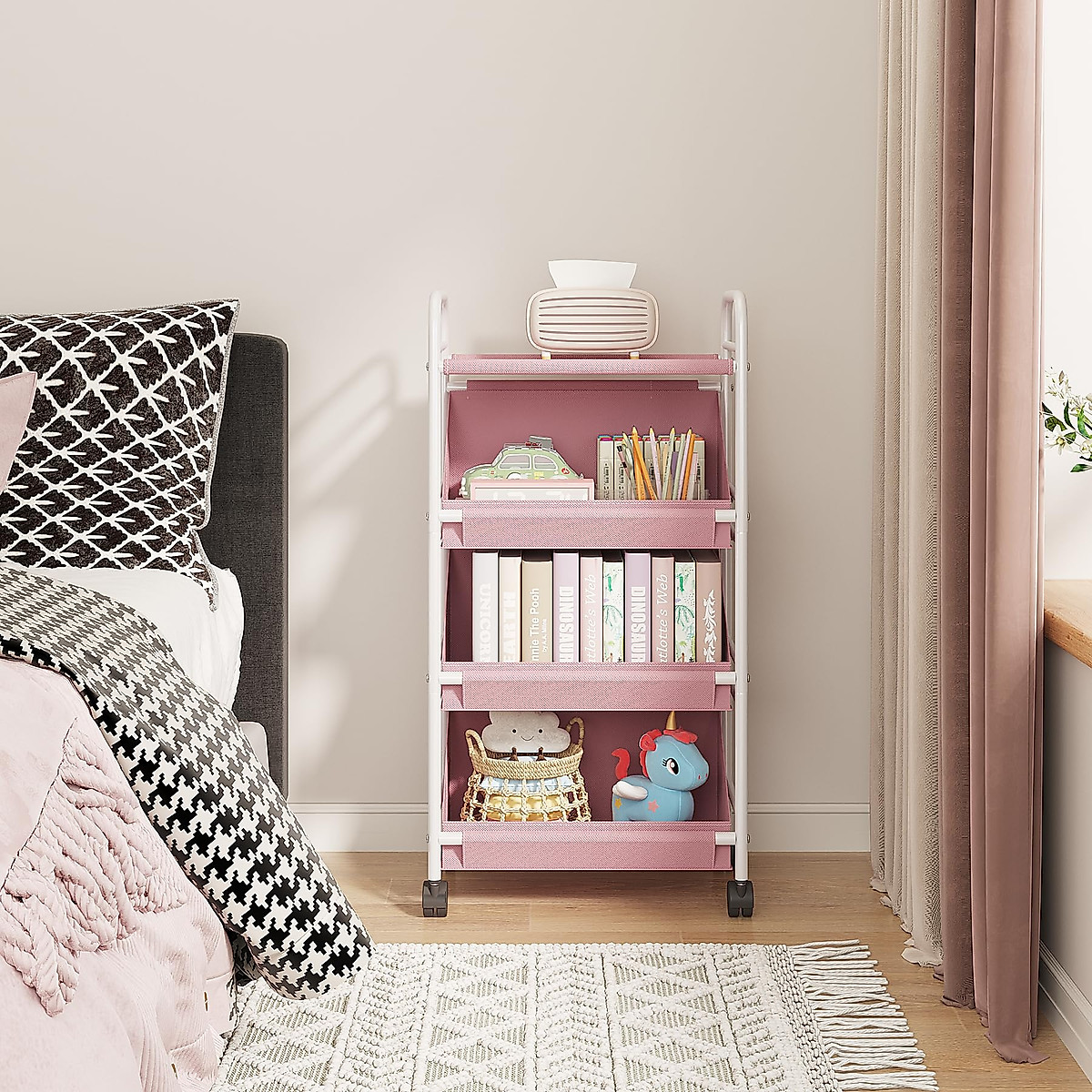Buzowruil Utility Rolling Fabric Storage Rack Trolley Toy Rack Storage Cart Trolley with 3 Large Storage Boxes，Wheels, Suitable for Bedroom, Living Room, Entryway, Pink