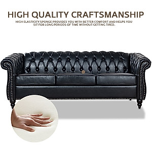 TINGMAMADEHUA Black Chesterfield Sofa,3 Seater Sofas,Button Tufted Faux Leather Couch for Living Room Bedroom Office