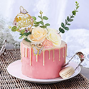 28pcs Flower Cake Topper 3D Butterfly Acrylic Happy Birthday Cake Toppers Artificial Carnation Rose Flowers Eucalyptus Leaves Cake Decorations for Birthday Party Wedding Baby Shower Supplies
