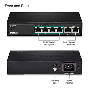 RENDnet 6-Port Fast Ethernet PoE+ Switch, TPE-S50, 4 x Fast Ethernet PoE Ports, 2 x Fast Ethernet Ports, 60W PoE Budget, 1.2 Gbps Switch Capacity, Ethernet Network Switch, Metal