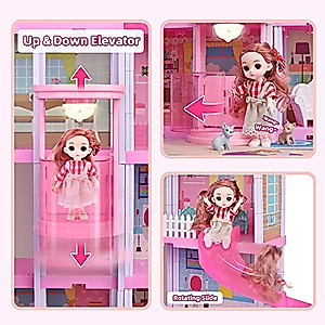 Doll House for 3 Year Old Girls,4-Story 13 Rooms Doll House,Fully Furnished Dollhouses w/Lights,Play Mat and Upgraded Doll,Play House Accessories,Elevator and Slide,Gift Toy for Kids 4 5 6 7 8 to 12+