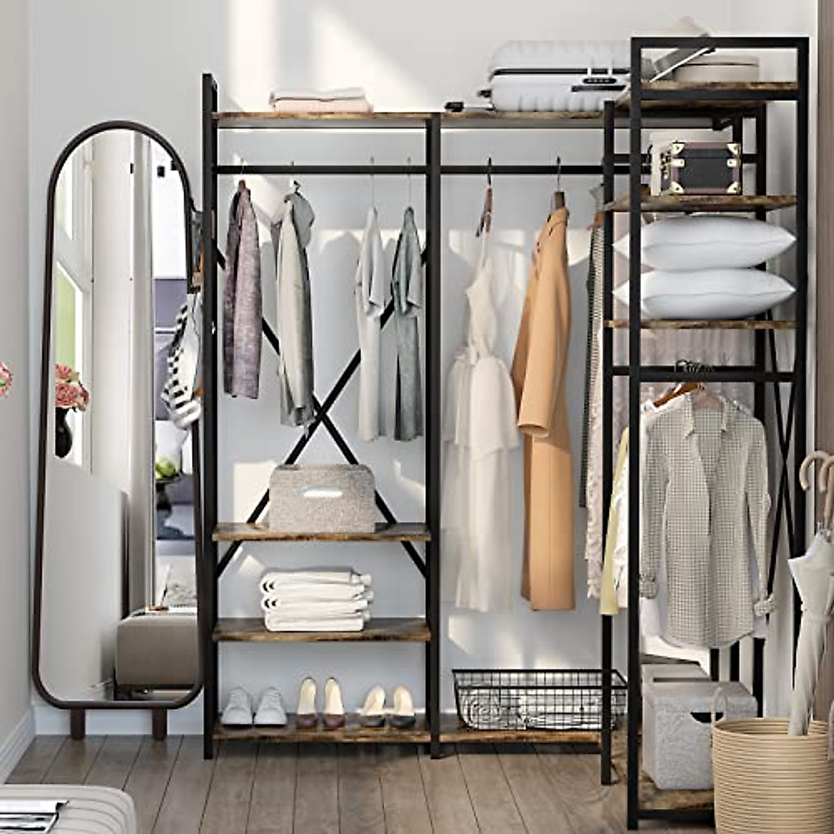 PAKASEPT L Shaped Garment Rack, L Shaped Closet Organizer, Freestanding Corner Clothes Garment Rack with 4 Hanging Rods and Open Shelves Heavy Duty Metal Clothing Rack for Bedroom