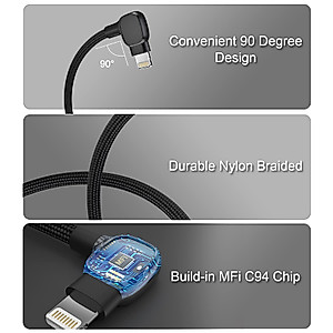 MFi Certified USB C to Lightning Cable 5FT Apple Fast Charger Cable iPhone 90 Degree Charger Cord Durable Braided Data Sync Charging Cable Compatible with iPhone 13/13Pro/12Pro 12 11/XS MAX X(Black)