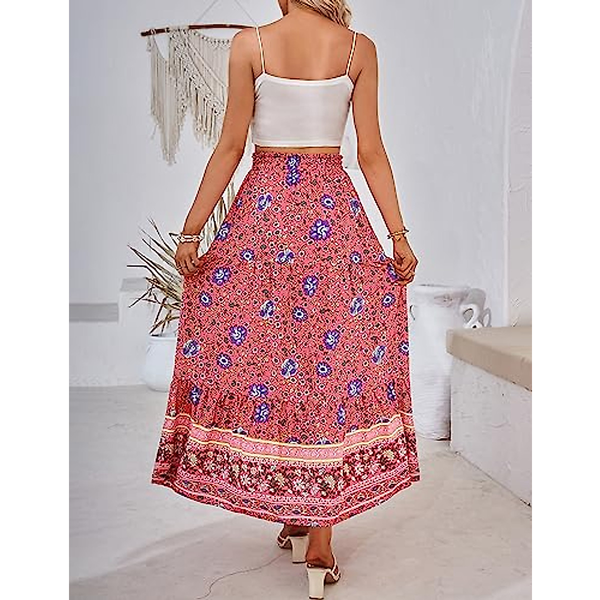 ZESICA Women's 2025 Summer Bohemian Floral Printed Elastic Waist A Line Maxi Skirt with Pockets,Floral Red,Small