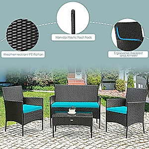 DORTALA 4 Pieces Rattan Patio Furniture Set, Practical Conversation Set w/Tempered Glass Top Table, Outdoor Wicker Sofa Set w/Removable Cushions for Poolside, Backyard