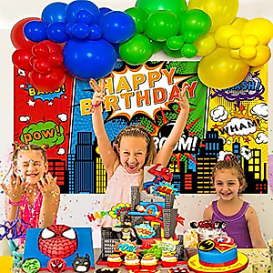 Happy Greetings 108 Pcs Super hero party decorations Balloons Arch Garland Kit, Superhero Birthday Party Backdrop hero Comic City Skyline Buildings Backdrop Theme Photo Booth 1st 2nd Bday For Kids Boy
