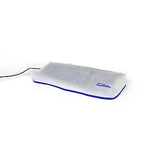 COMPUTER DUST SOLUTIONS Keyboard Dust Cover, Covers Standard Size PC Keyboards, Silky Smooth Antistatic Vinyl, Translucent Coconut Cream Color with Blue Trim, Larger, (18W x2H x7D)