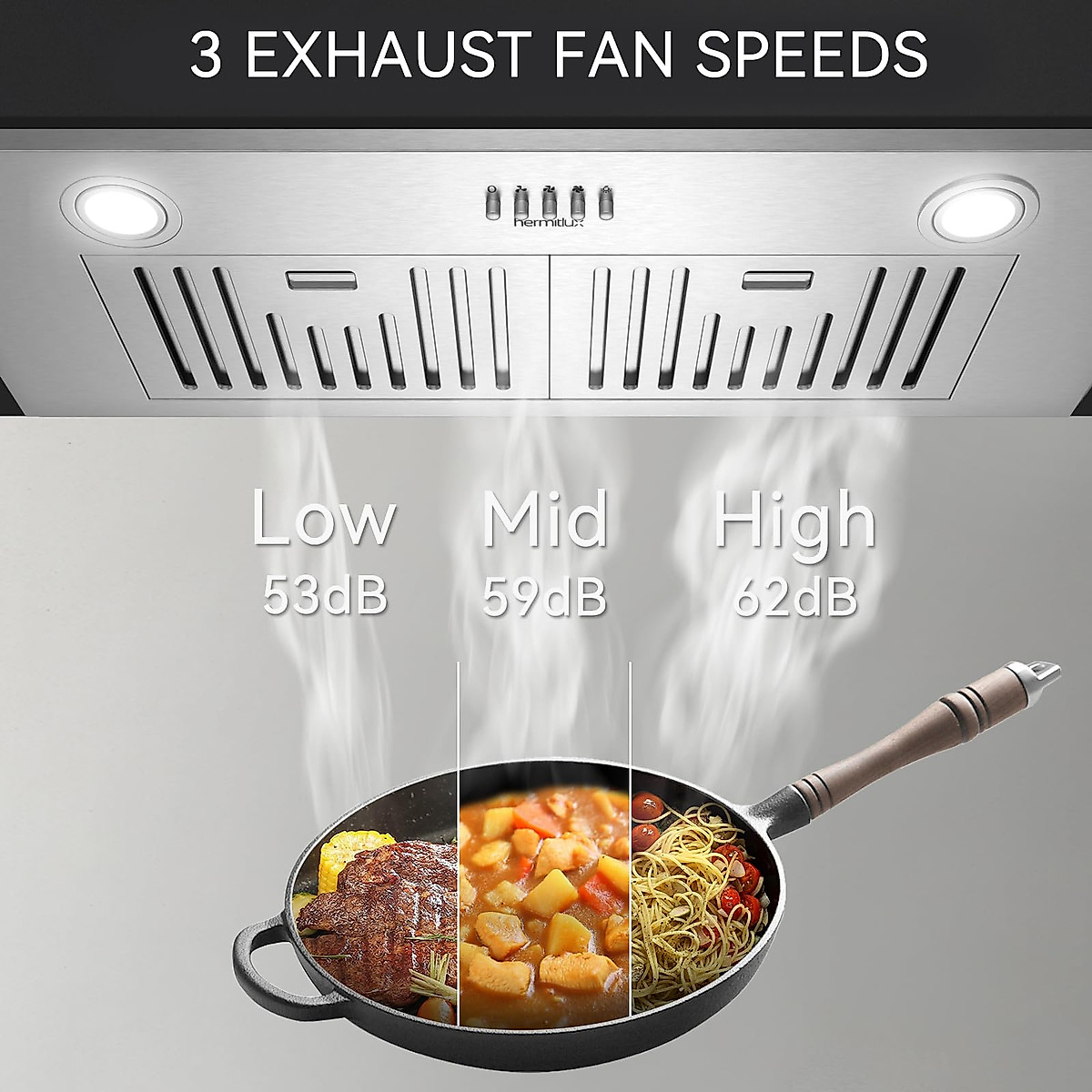 Hermitlux 30 inch Built-in/Insert Range Hood, 600 CFM 3 Speed Vent Hood, Ducted/Ductless Convertible, Stainless Steel with Bright LED Light, Baffle Filters and Charcoal Filters