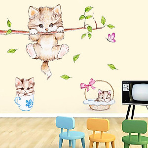 Kiddale Cute Cat Wall Decals,Removable Cat Tree Branches Butterfly Wall Stickers for Kids Rooms Nursery Playroom Home Decoration