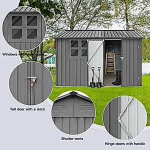 Morhome 8x6 FT Outdoor Storage Shed with Windows, Tool Garden Metal Sheds with Lockable Door, Outside Waterproof Galvanized Steel Storage House for Backyard Garden, Patio, Lawn