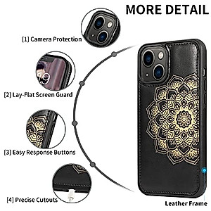 CASEOWL Compatible for iPhone 13 Wallet Case Magnetic Detachable-2 in 1 Mandala Embossed Flip Leather Wallet Case for Women Girls [RFID Blocking]with Card Holder, Hand Strap for iPhone 13 2021(Black)