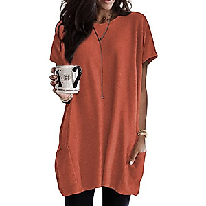 Dokotoo Womens Summer Casual Crewneck T-Shirts Loose Fit Color Block Short Sleeve Long Tunic Tops Oversized T Shirts with Pockets for Women,(US 18-20) 2XL Plus Size,Orange