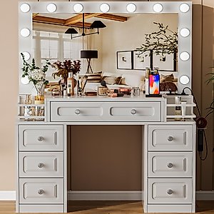 FURNJOYLIFE Farmhouse Makeup Vanity Desk with Lighted Mirror & Power Outlet, Vanity Dresser Table with 3 Lighting Modes Brightness Adjustable,7 Drawer,2 Shelves,Hair Dryer Stand for Bedroom,White