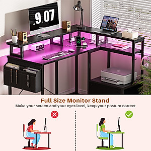 Homieasy Small Computer Desk with File Drawer Cabinet, L Shaped Office Desk with Printer Stand & Monitor Stand, 39 Inch Gaming Desk with Power Outlets Led Light Storage Bag Hanging Hooks, Black