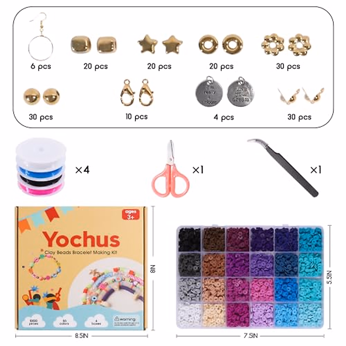 Yochus 10000PCS Clay Beads Bracelet Making Kit, 86 Colors Flat Polymer Heishi Beads Jewelry Kits with Charms and Letter Bead, Crafts Gifts Set for Girls Teens Adults
